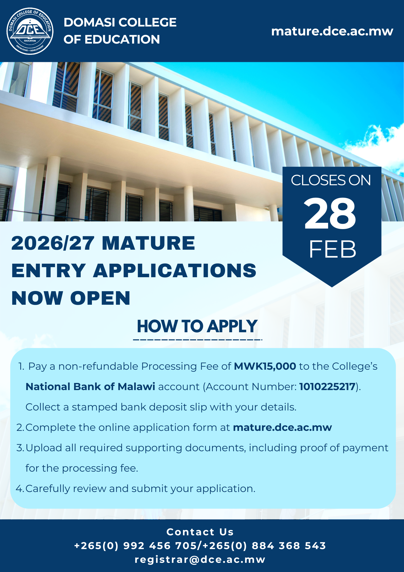 2026/2027 MATURE ENTRY APPLICATIONS NOW OPEN – Domasi College of ...